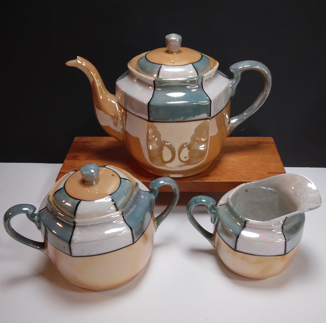 Vintage 1950's Lusterware Japan Tea Pot Creamer Sugar Set Blue and ...