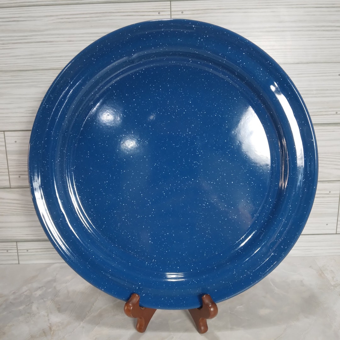 Vintage Blue Speckled Enamelware 10" Dinner Plate, Beveled Rim, Blue ...