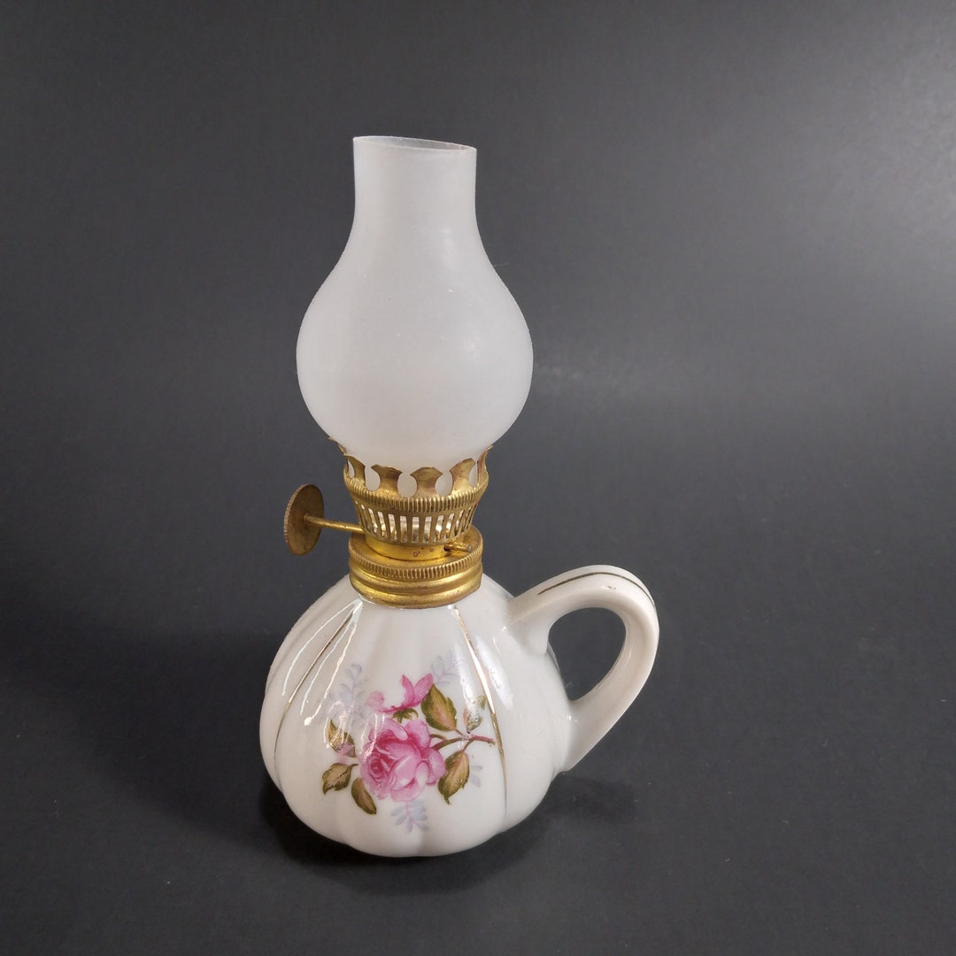 Porcelain Mini Oil Lamp With Pink Cabbage Rose Design & Frosted Glass ...