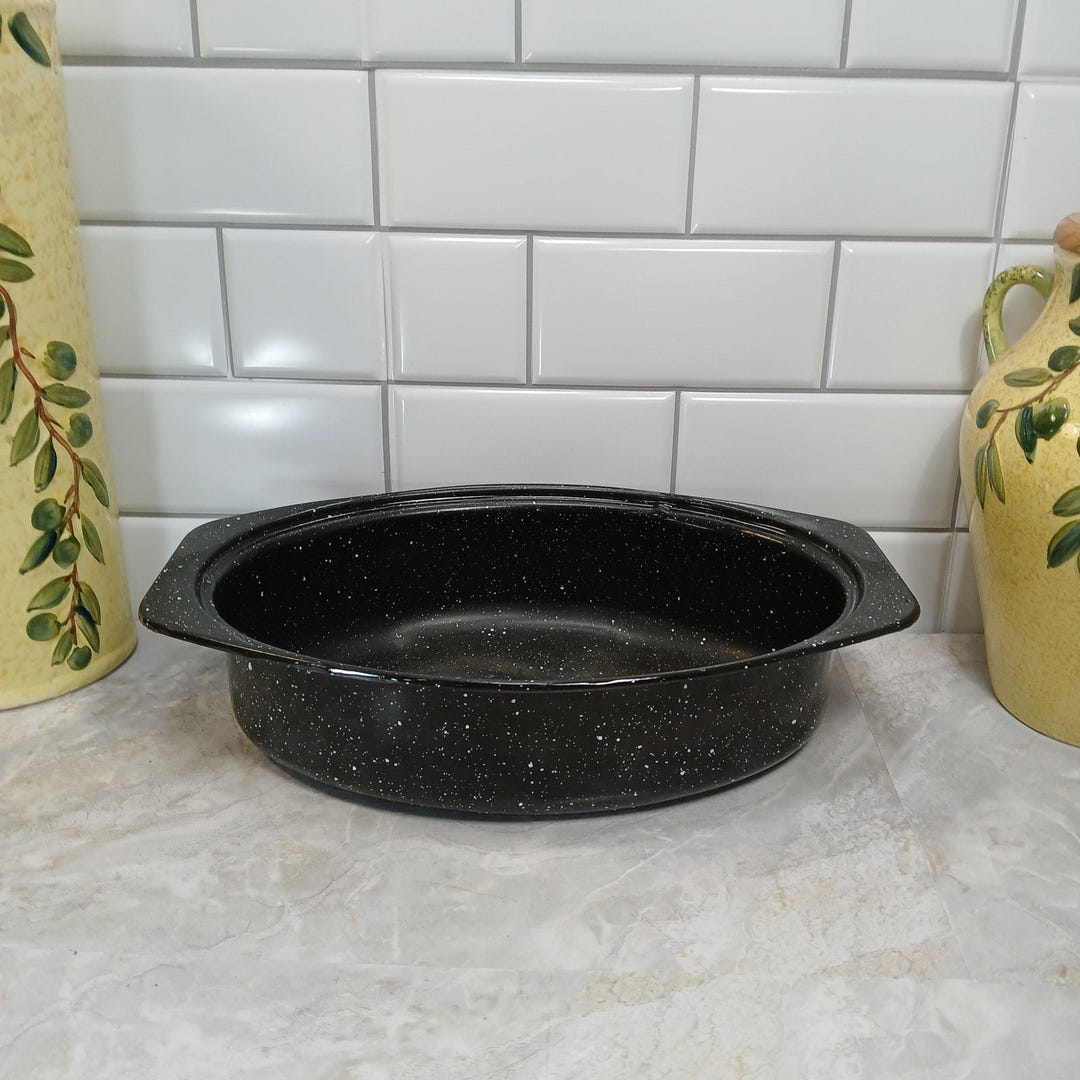 Vintage Black Speckled Enamel Small Oval Pan Graniteware NO LID Rustic ...