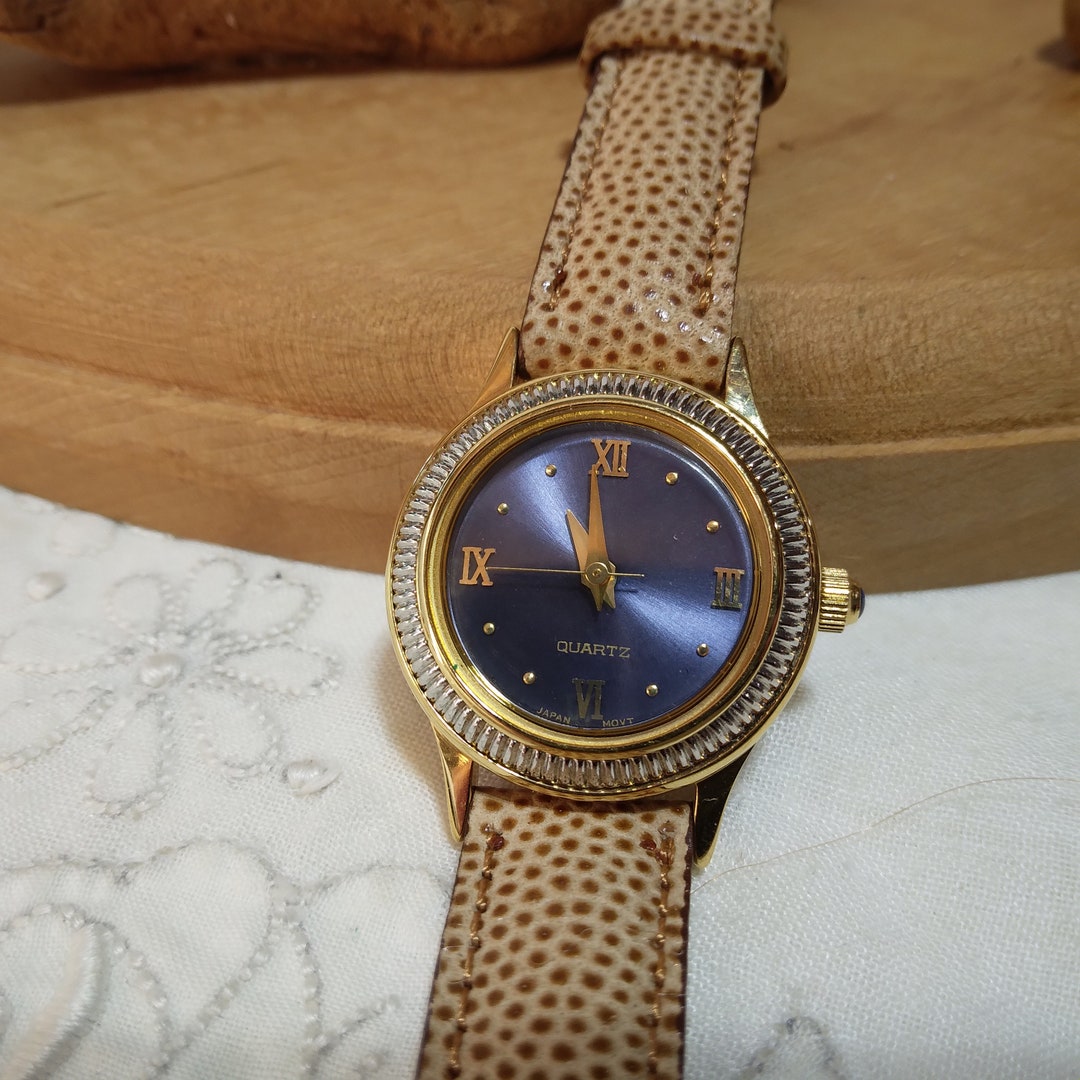 90's Vintage Avon Gold Case Blue Dial Ladies Wrist Watch Genuine ...