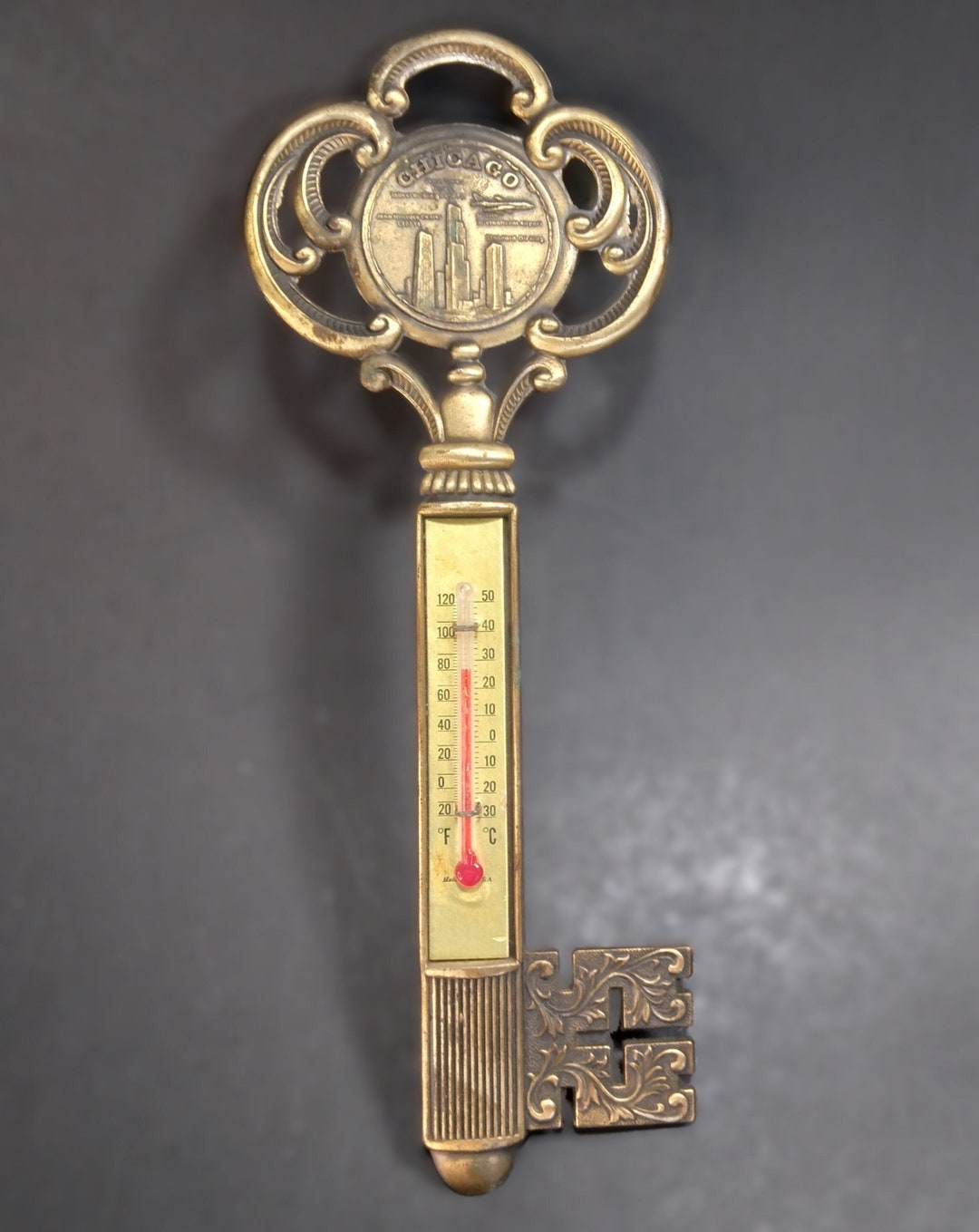 Vintage Advertising Thermometer Key Chicago Skyline Brass Metal Sears ...
