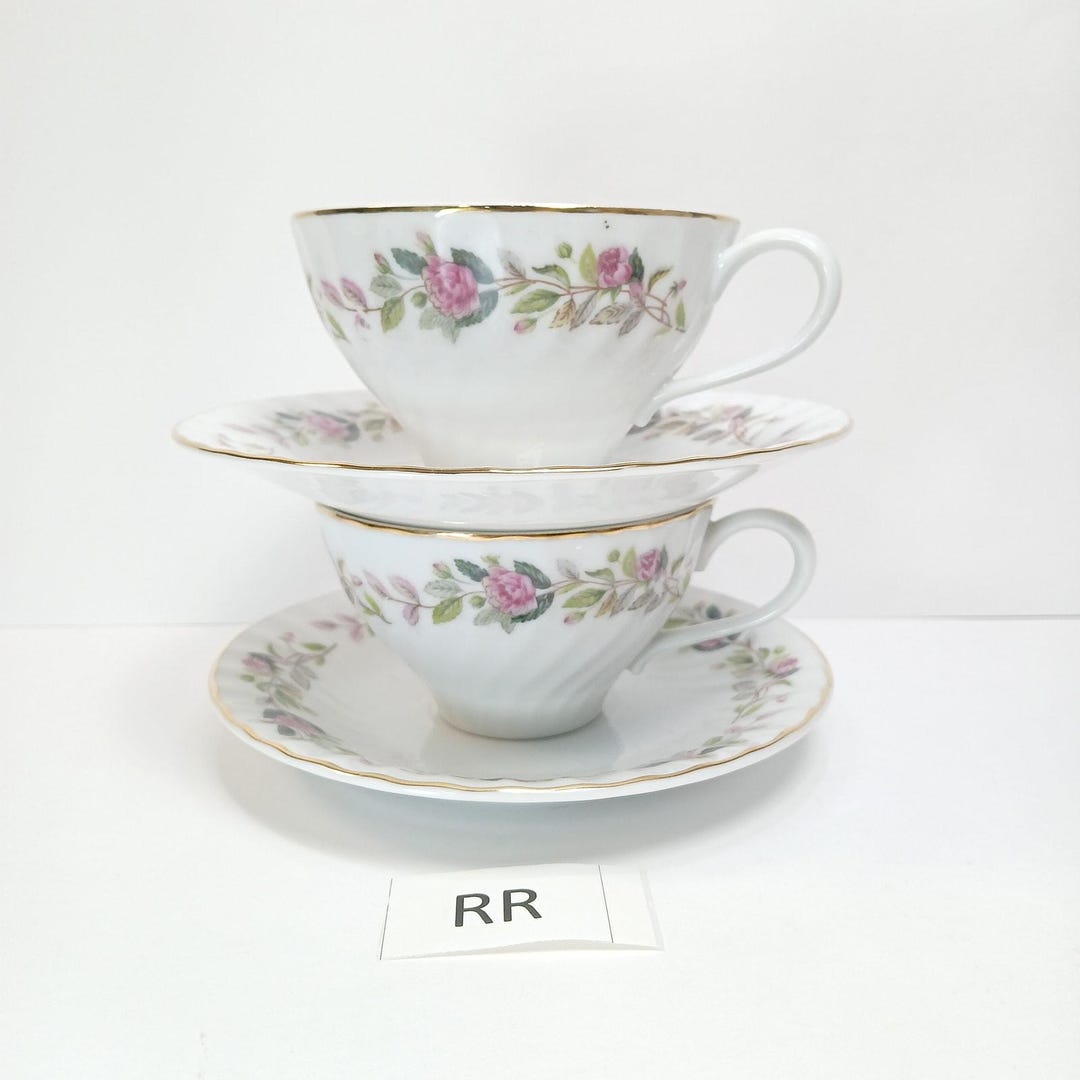 2 Vintage Footed Teacup & Saucer Sets, Pink Floral "regency Rose ...