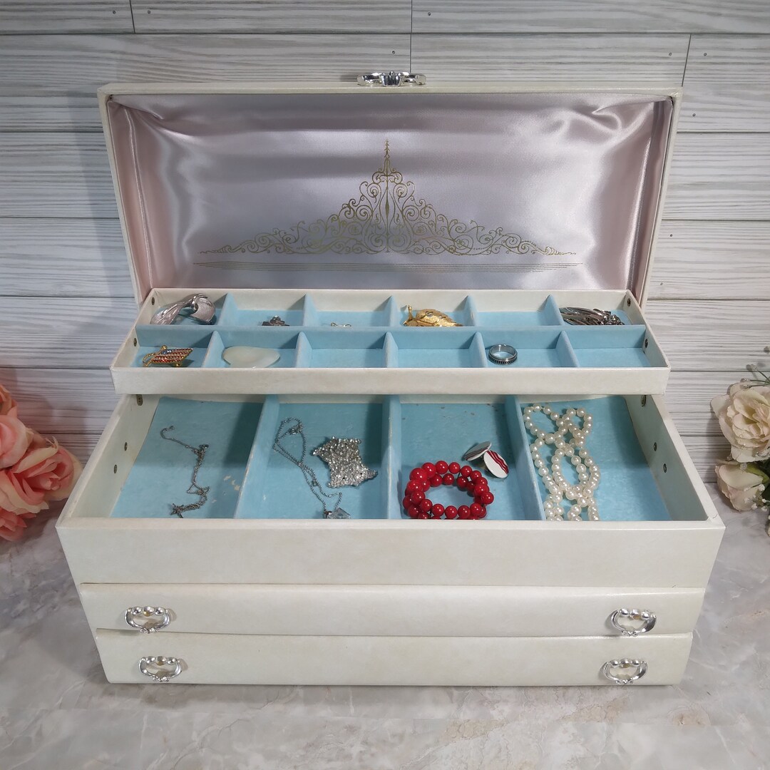 Vintage Lady Buxton Antique White 3 Tiered Jewelry Box With Pink Satin ...
