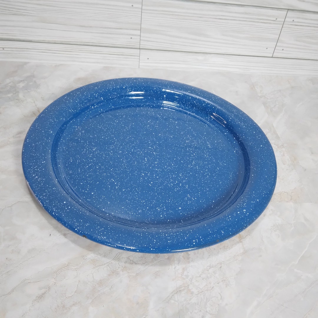 Vintage Blue Speckled Enamelware 10" Dinner Plate, Rounded Rim, Blue ...