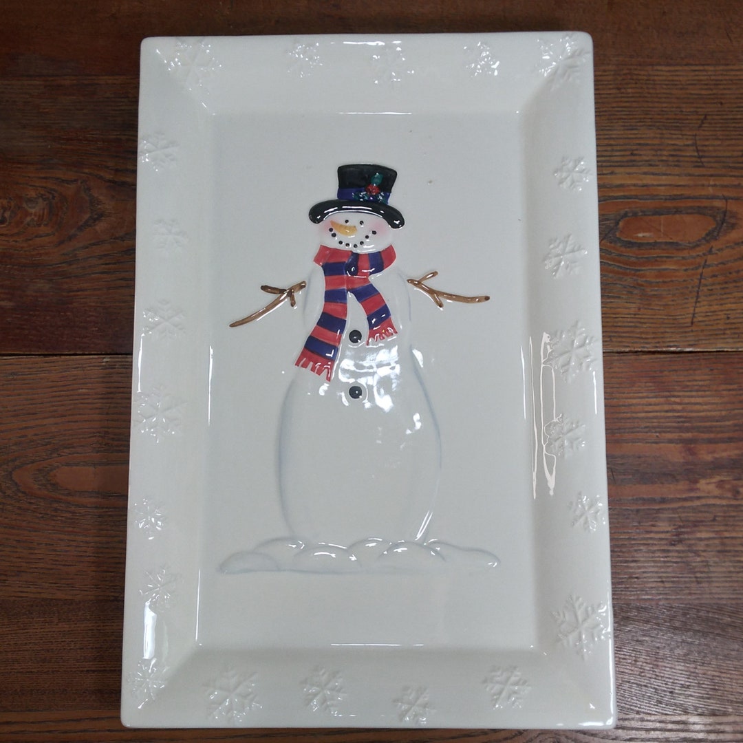 Vintage Large Ceramic Embossed Snowman & Snowflake Rectangle Serving ...