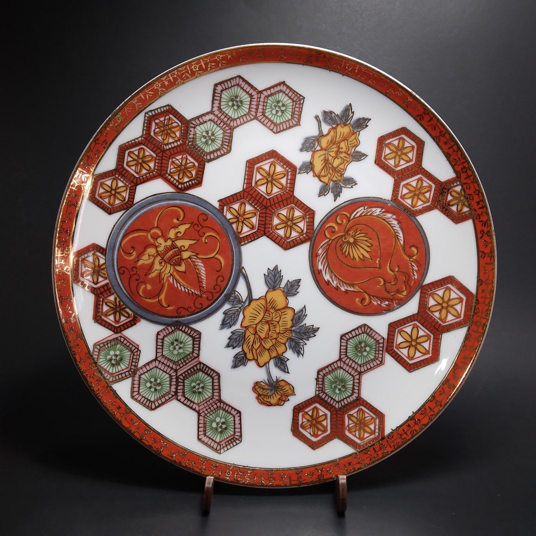 Vintage Asian Decor Plate Hexagonal Honeycomb & Bee Floral Gold Pattern ...