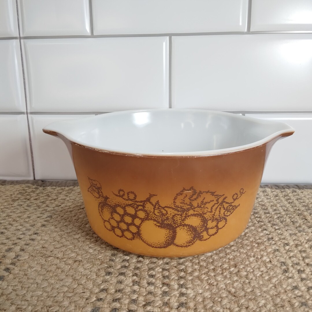 Vintage Pyrex Old Orchard Fruit Theme Brown Tan 1 Qt. Casserole Bowl Baking Dish #473 | No Lid ...