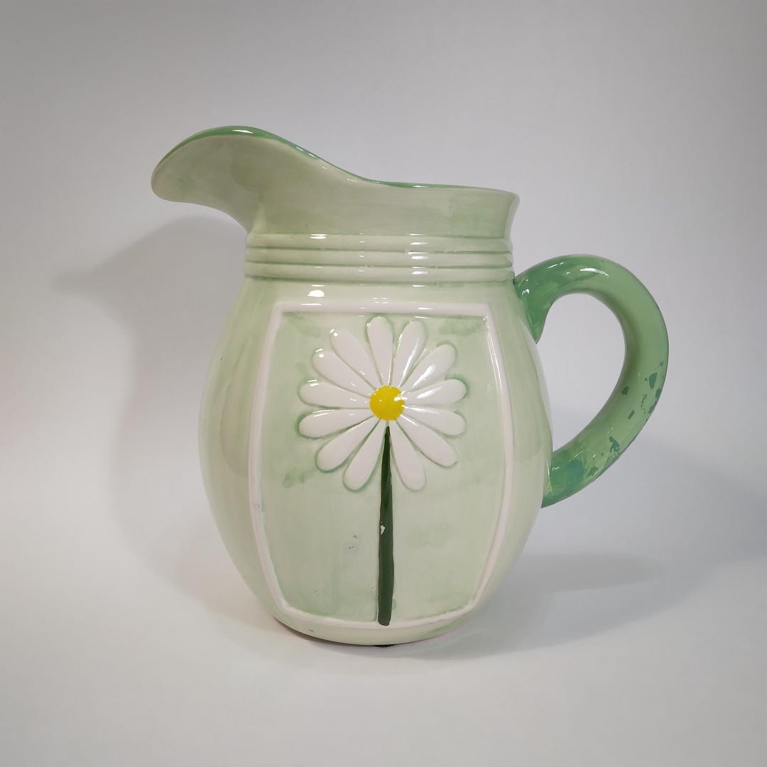 Cute Ceramic Daisy Water Pitcher, Green & Yellow Floral Pattern, Rustic ...