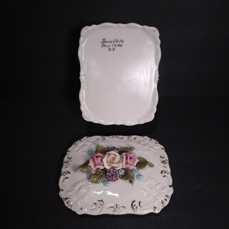 Rose Floral Trinket / Jewelry Box, Gold Scroll Accents, Vintage Reina ...