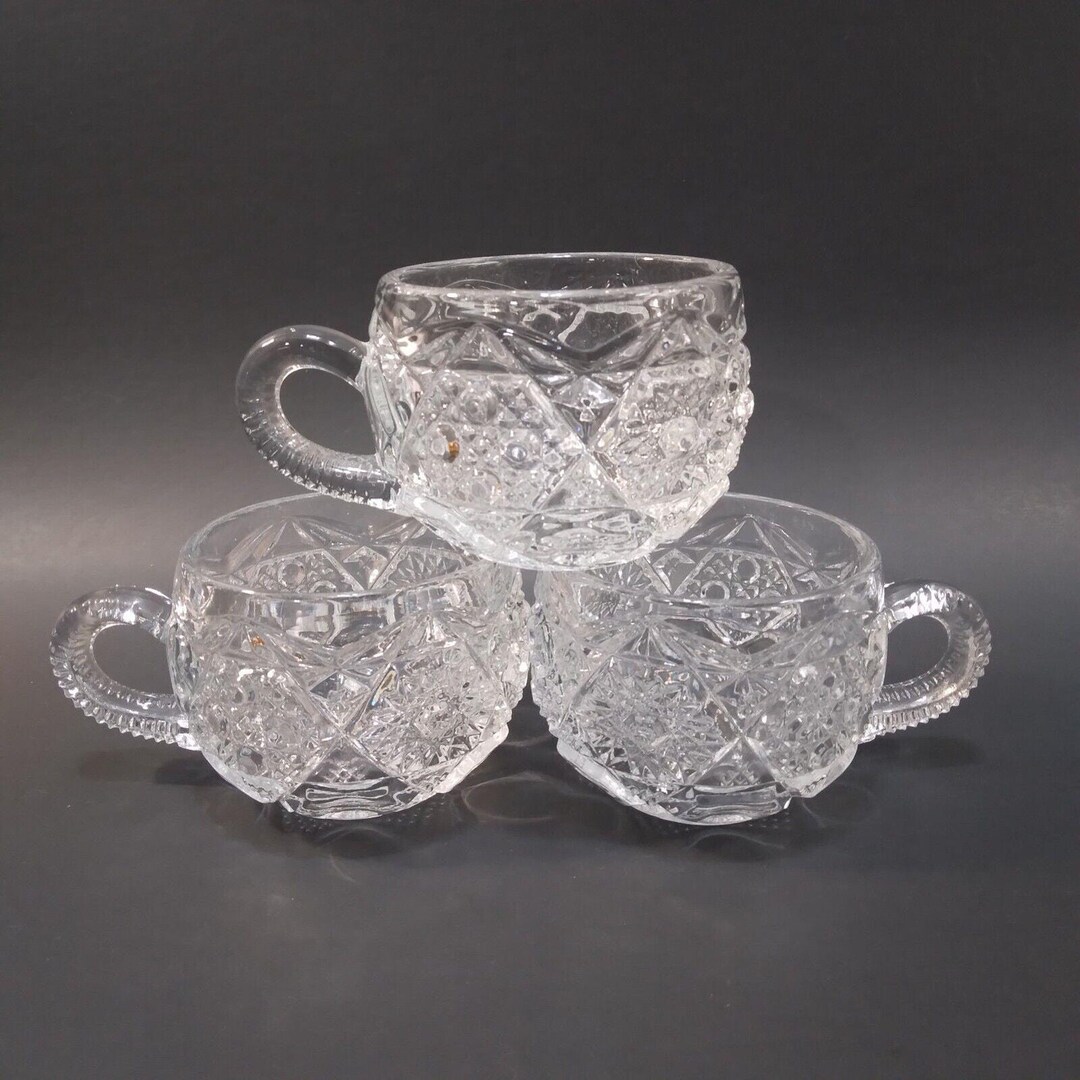 3 Clear Glass Punch Cups Star Diamond Notch Handle Unmarked ?fostoria ...