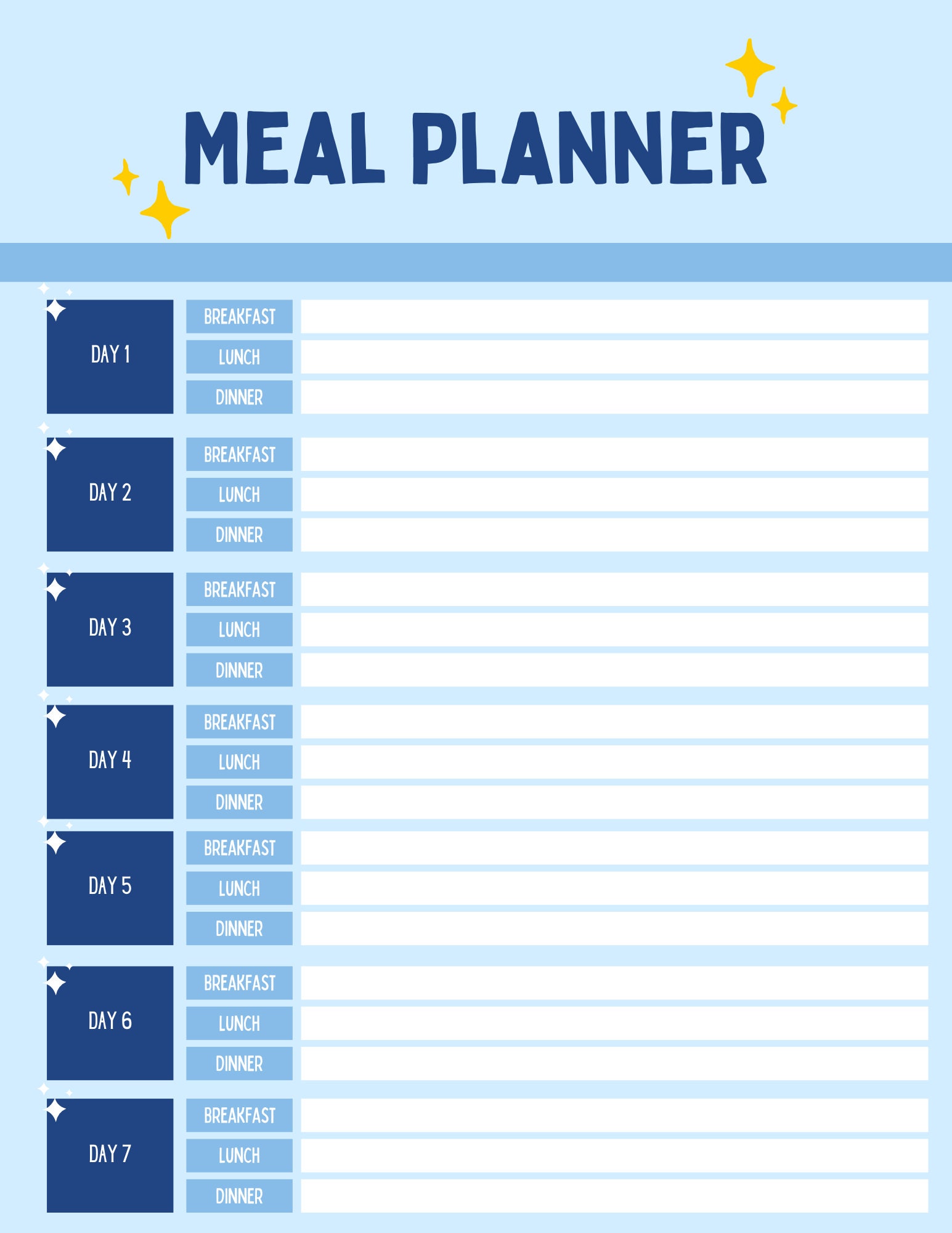 Blue 7-day Meal Plan Template - Etsy