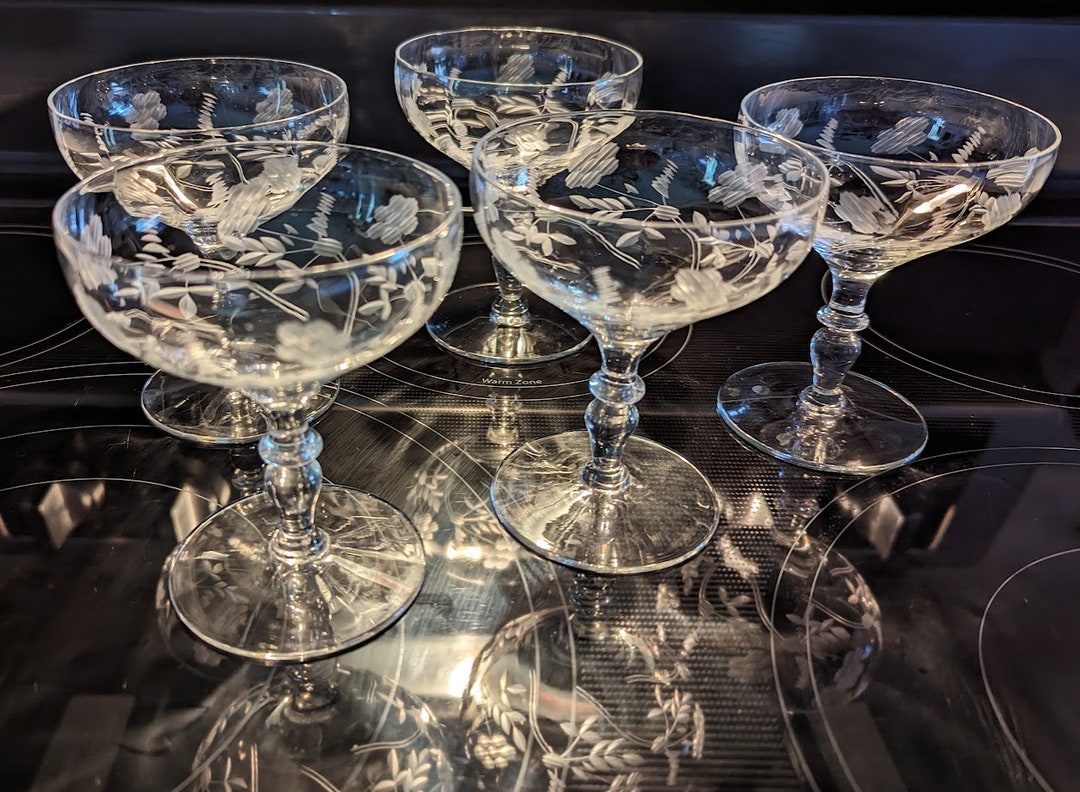 Vintage Etched Crystal Champagne Glasses Set of Five - Etsy