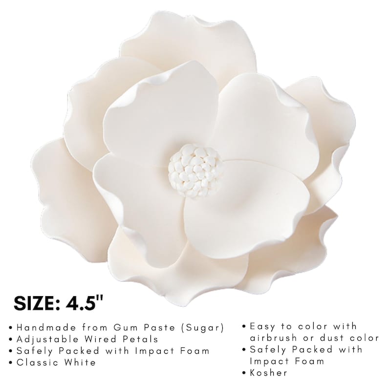 White Magnolia Sugar Flower Cake Topper | 4.5 Inch Gum Paste Flower for ...