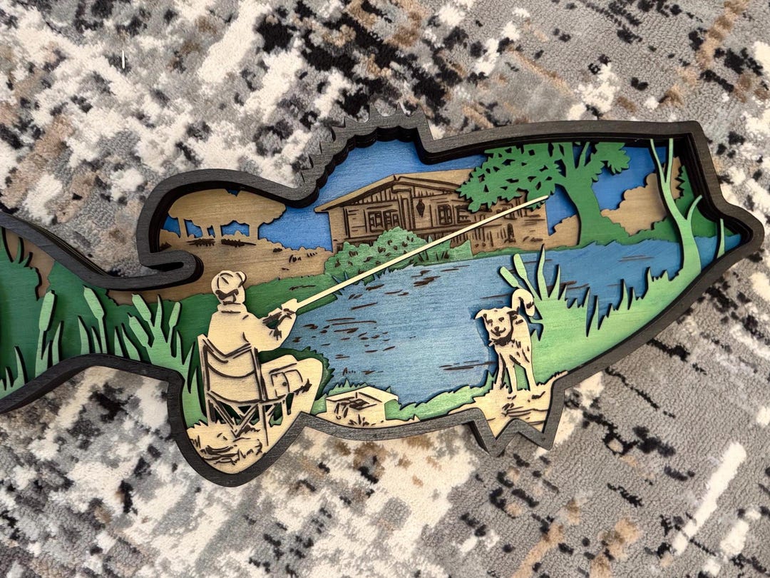 Handmade Wooden Layered Fish Wall Art - Rustic Fishing Scene Decor for ...