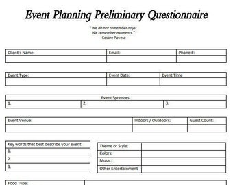 Editable Event Management Client Onboarding Questionnaire Form, Event ...