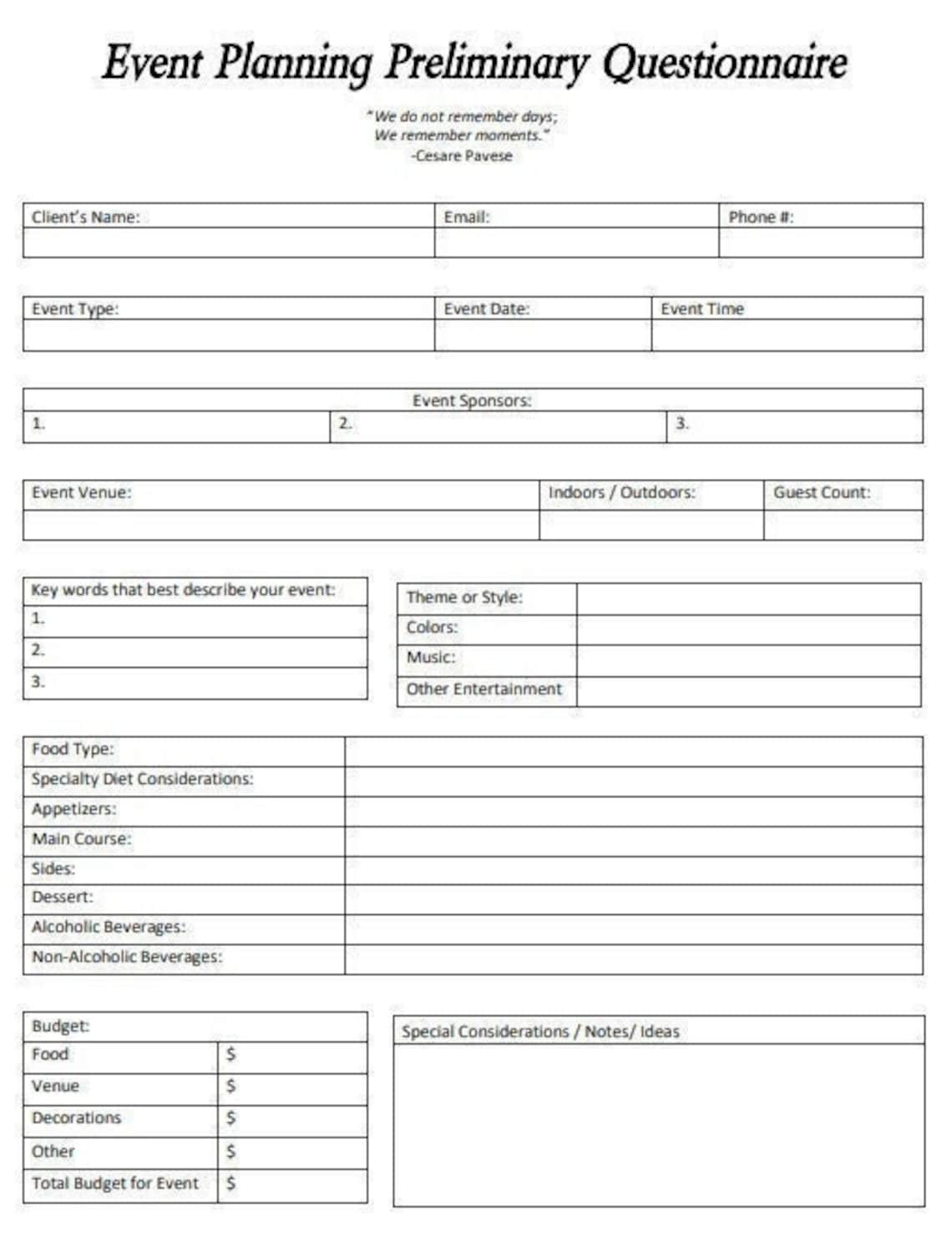 Event Planning Client Questionnaire - Etsy