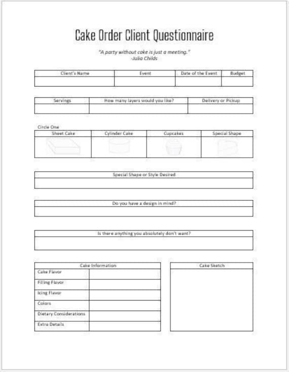 Cake Order Questionnaire for Bakers - Etsy