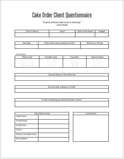 Cake Order Questionnaire for Bakers - Etsy