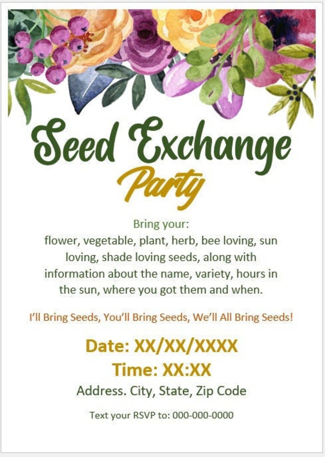Garden Party / Seed Exchange Party Invitation (docx) and Matching Seed ...