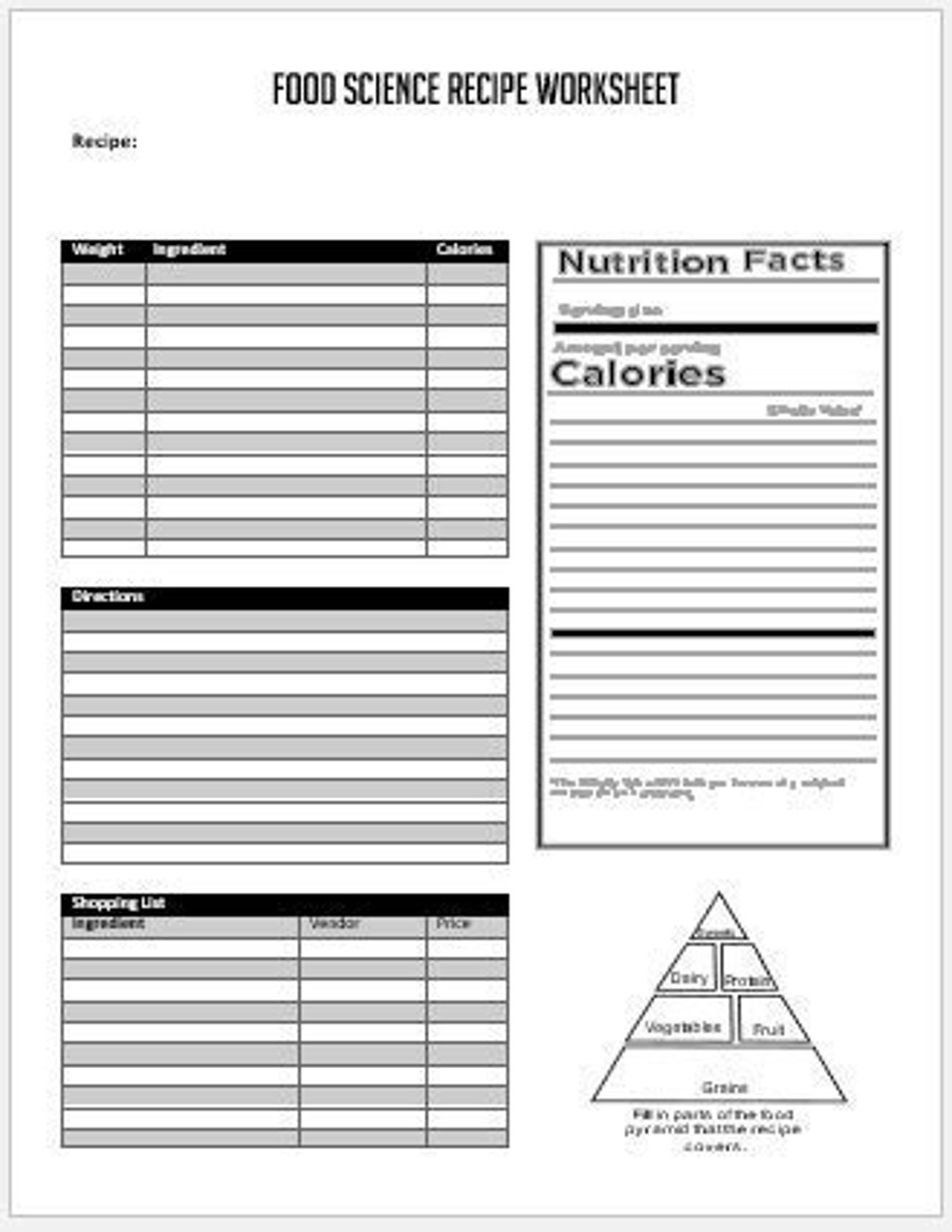 Food Science Recipe Planner Worksheet - Etsy