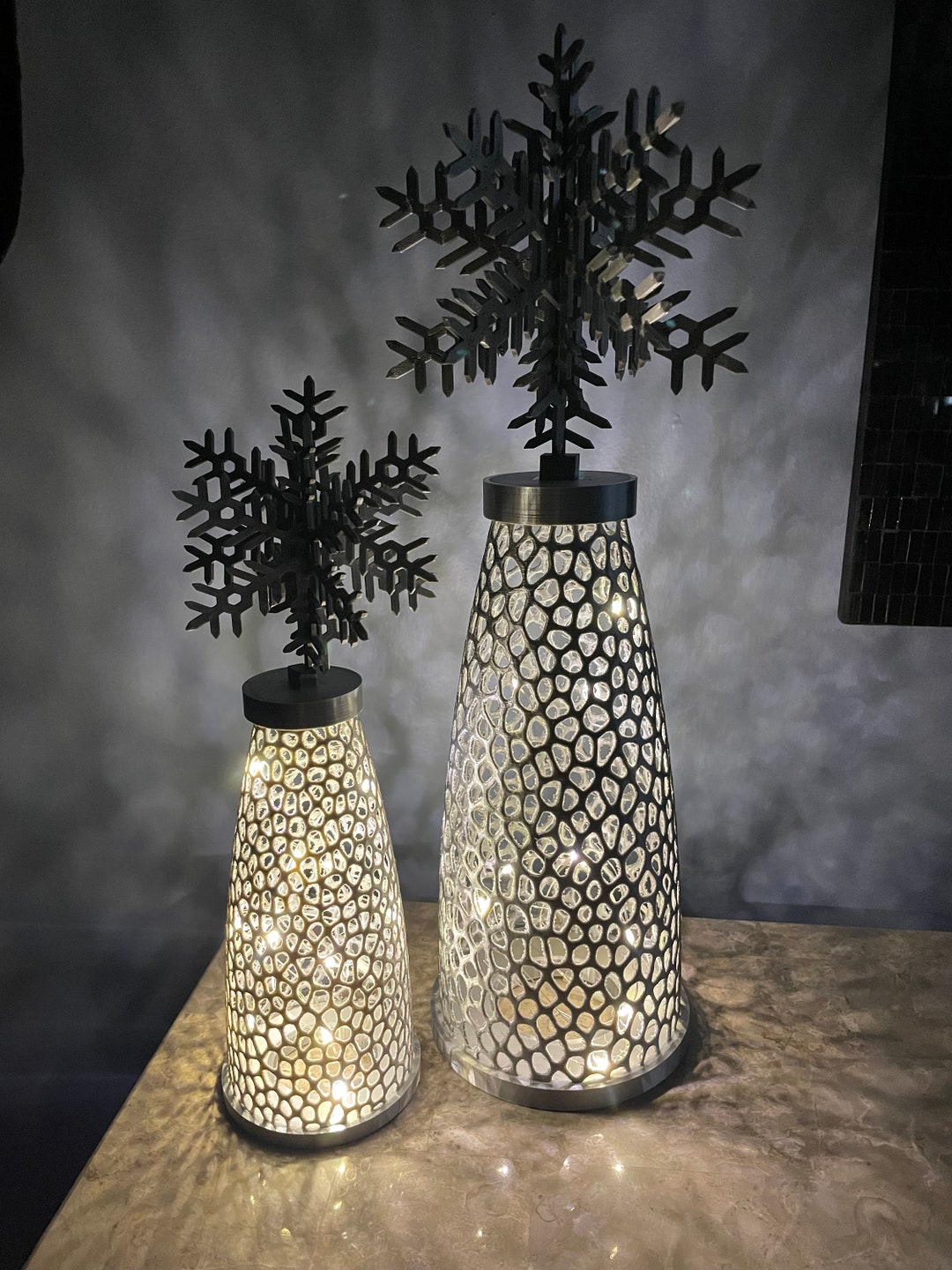 3D Printed Lighted Snowflake Stands Set of 2 Seasonal Decor Christmas ...