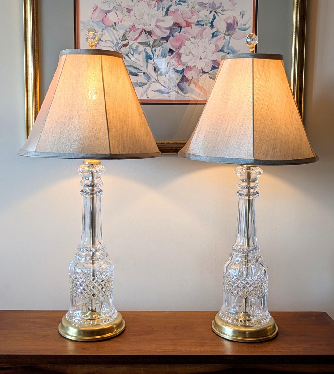 Pair of Frederick Cooper Crystal and Brass 30-inch Table Lamps, Shades ...