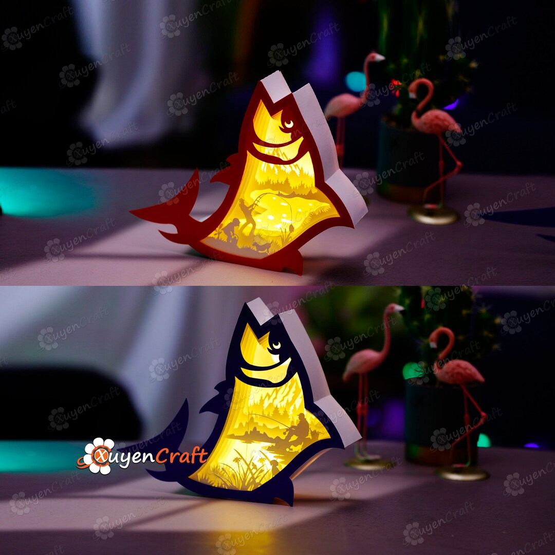 Set 2 Fishing SVG Cut Files Template, Fish Shadow Box , Fish Lantern ...