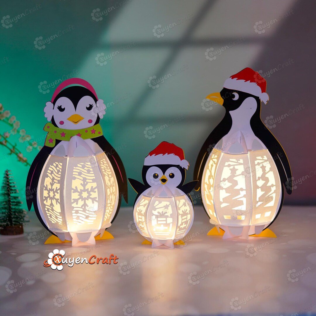 Family Penguin Lantern, DIY Christmas Ornaments, Paper Cutting Template ...