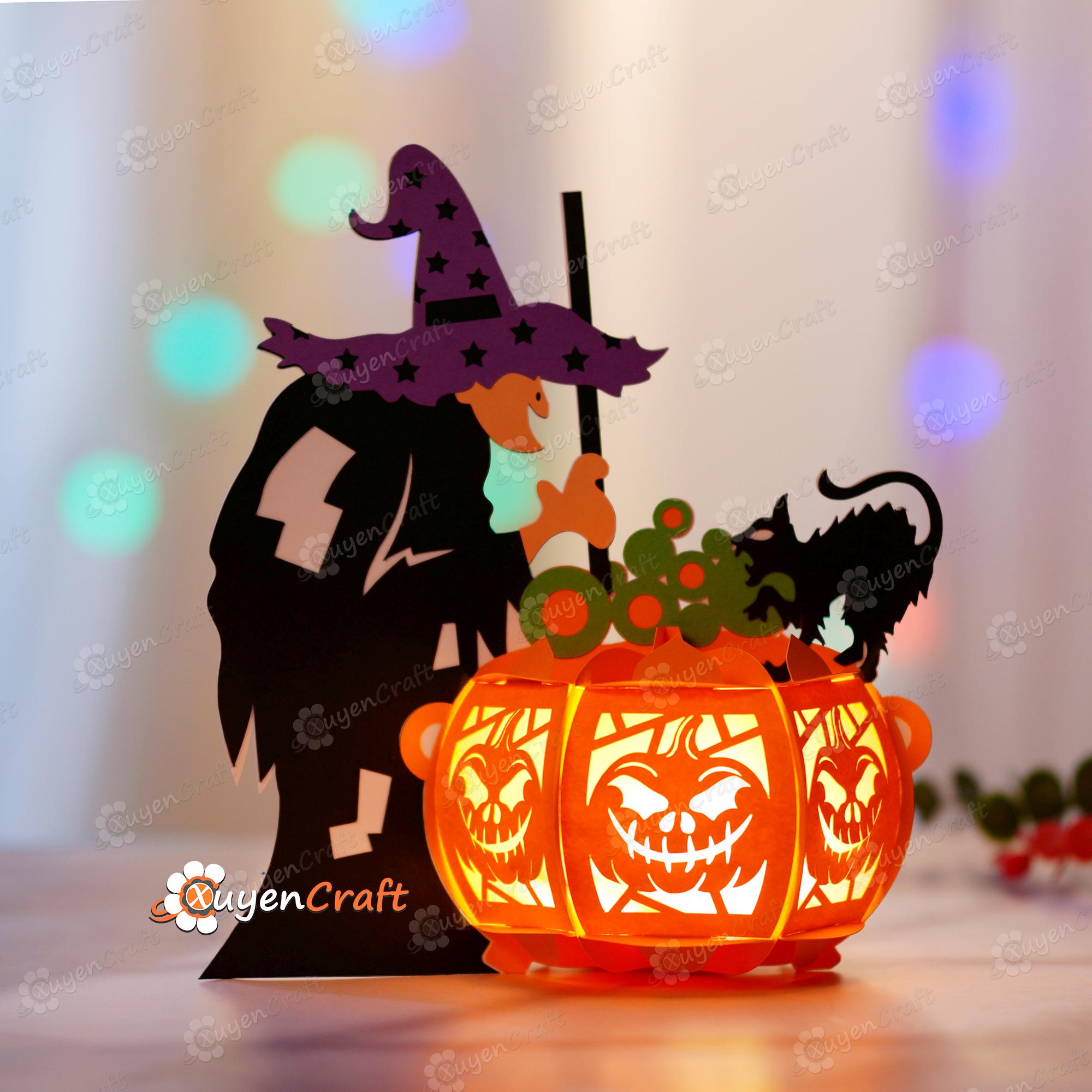 Witch Pumpkin Lantern Papercraft Templates, Halloween Decoration (PDF ...