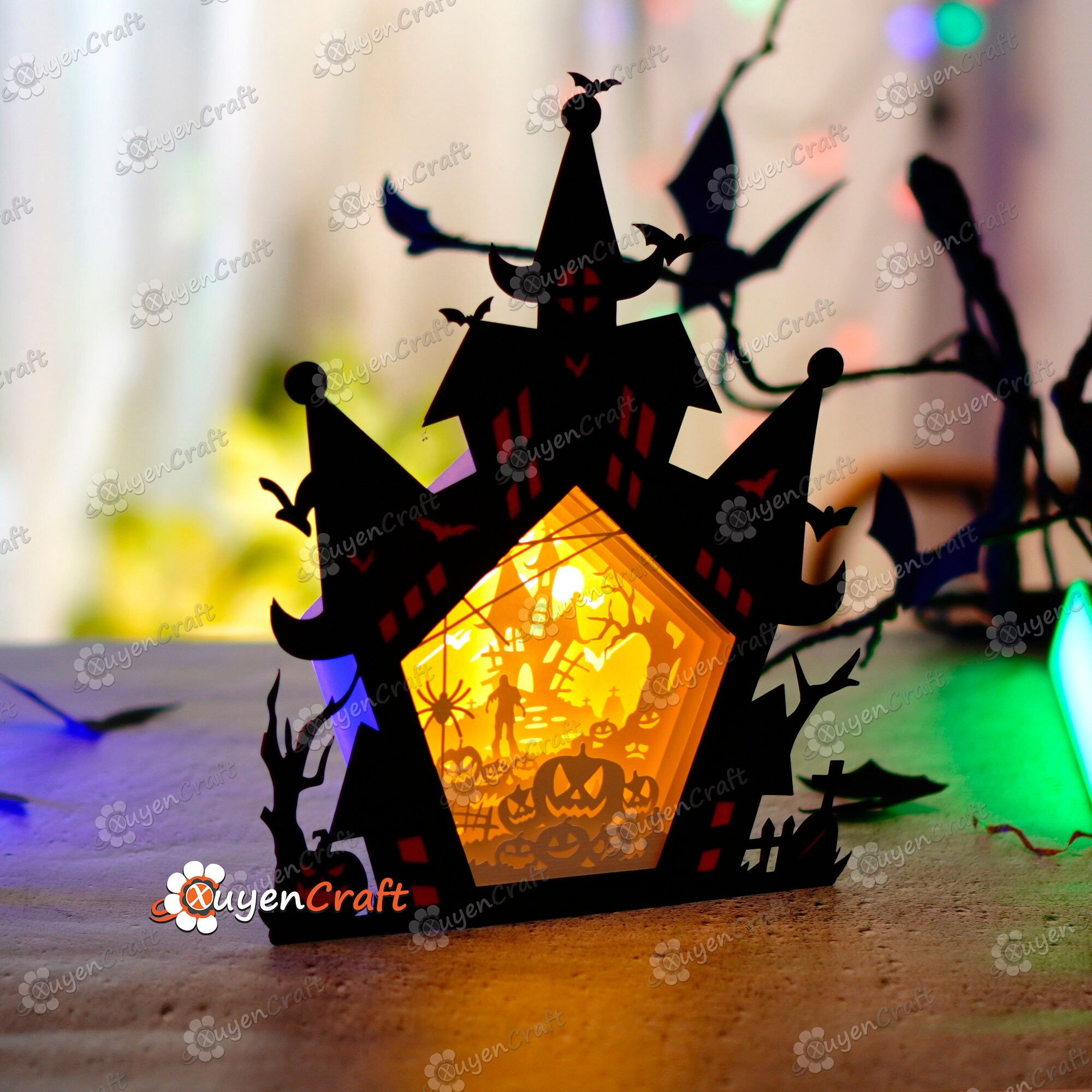 Zombie Haunted House Shadow Box, Halloween Lantern SVG PDF Template ...