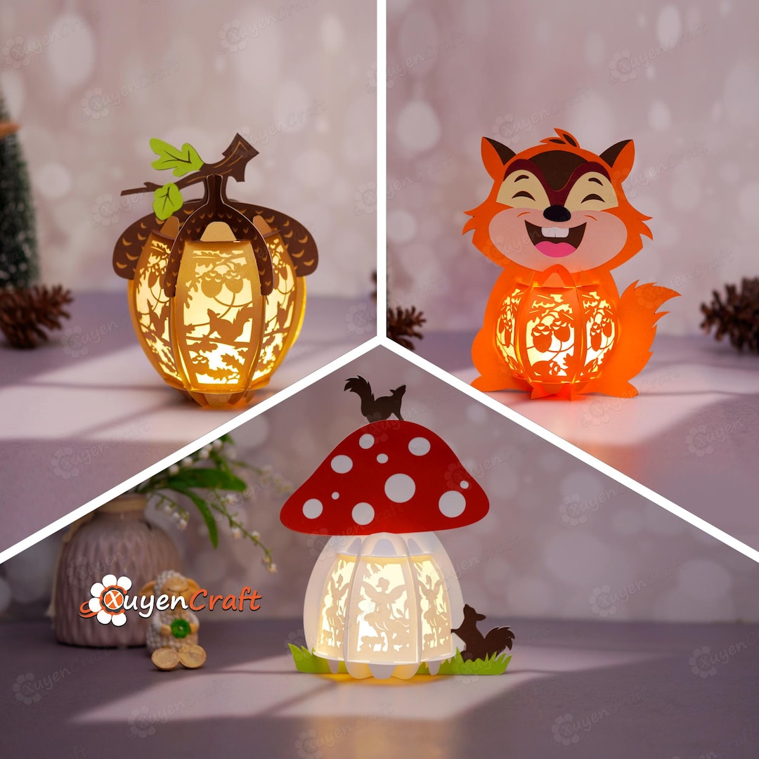 Autumn Lantern SVG Templates, Acorn, Squirrel, Mushroom Lanterns (PDF ...