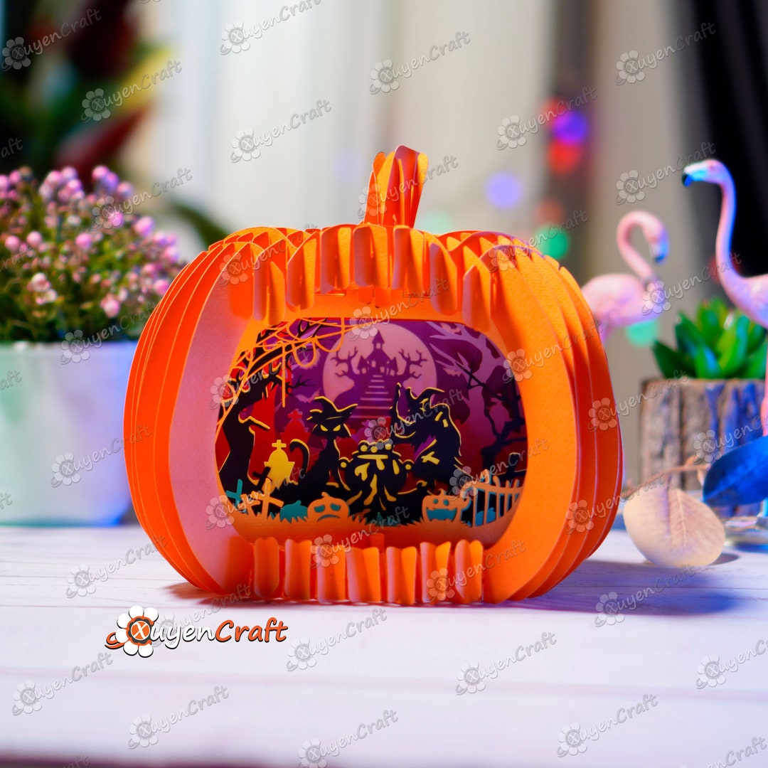 3D Halloween Pumpkin SVG, Witch and Cat Pop up Template - Etsy