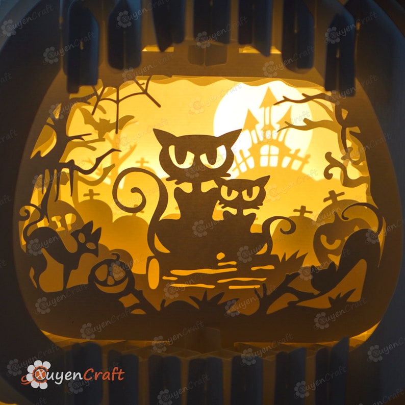 Black Cat Halloween Pumpkin Lightbox, 3D Papercut SVG (digital Download ...
