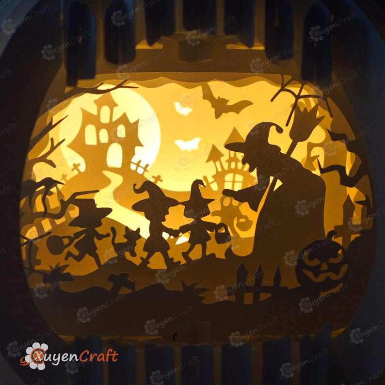 Halloween Witch Pumpkin Pop Up, 3D Papercut Lightbox SVG (PDF Template ...