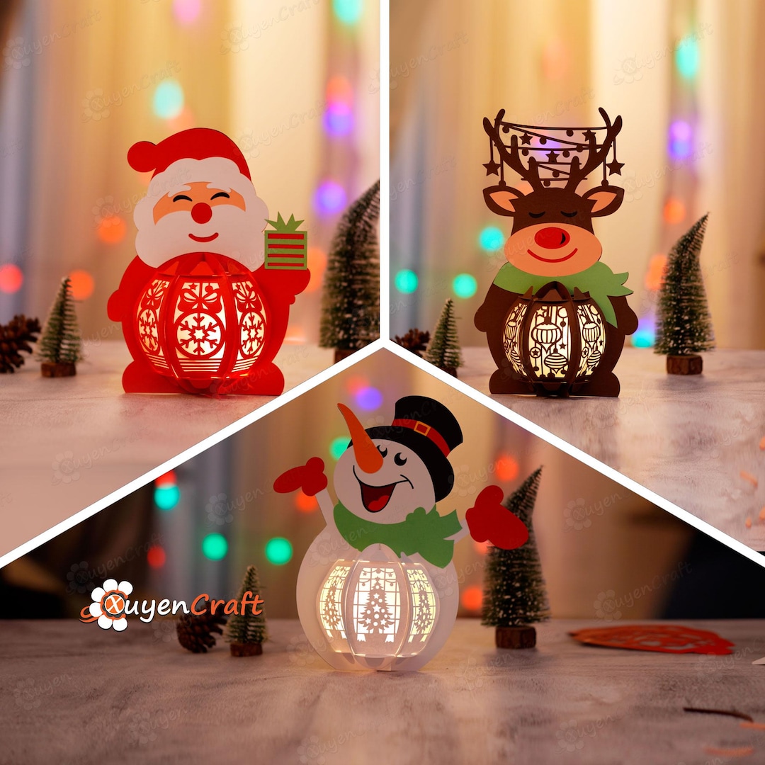 Pack 3 Christmas Lantern PDF, SVG, Studio Templates for You DIY Snowman ...
