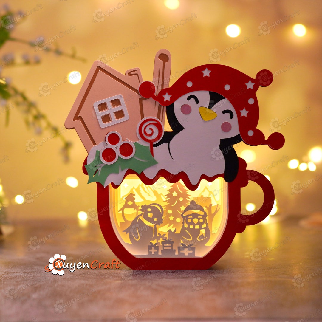 Penguin Hot Chocolate Shadow Box SVG Template – Christmas Paper Lantern ...