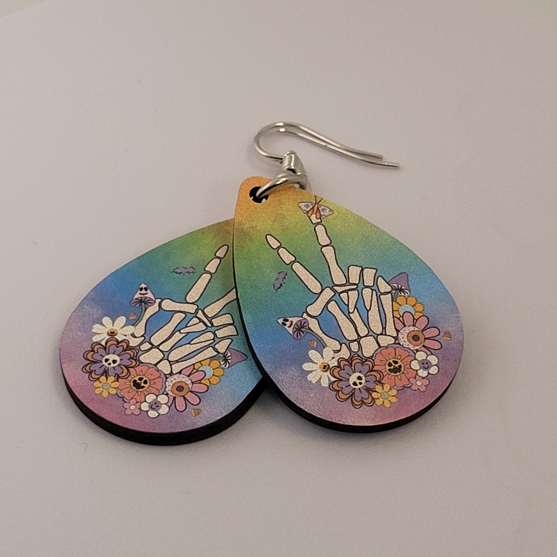 Cute and Trippy Floral Skeleton Hand and Peace Sign Design, Teardrop ...