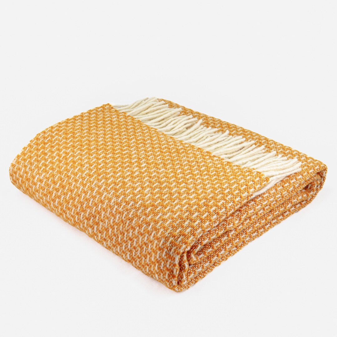 100% Sheep Wool Blanket in Mustard. Green Wool Plaid. High Quality Wool ...