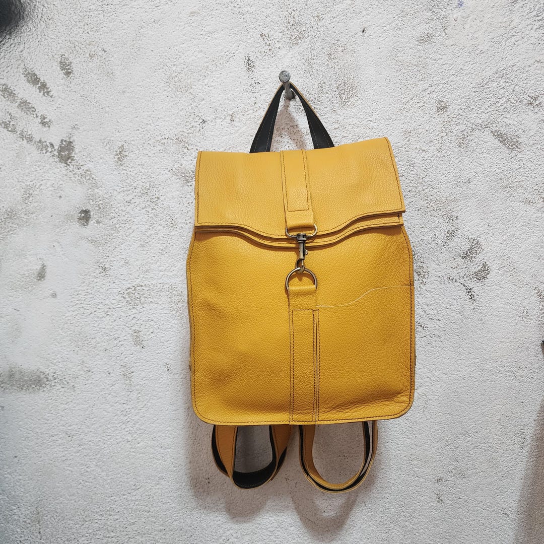 Yellow Leather Backpack, Roll Top Leather Backpack, Laptop Leather ...