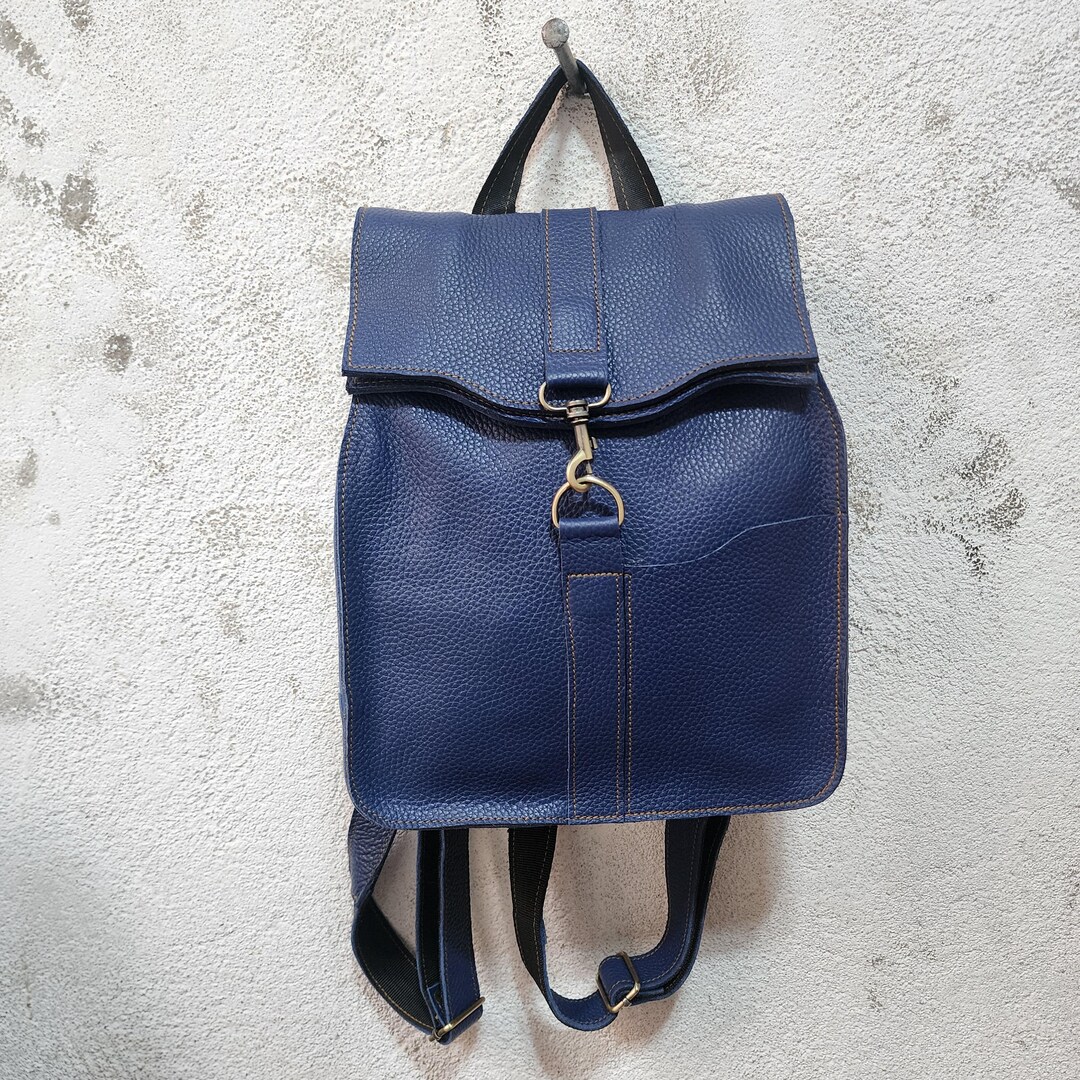 Navy Blue Leather Backpack, Roll Top Leather Backpack, Laptop Leather ...