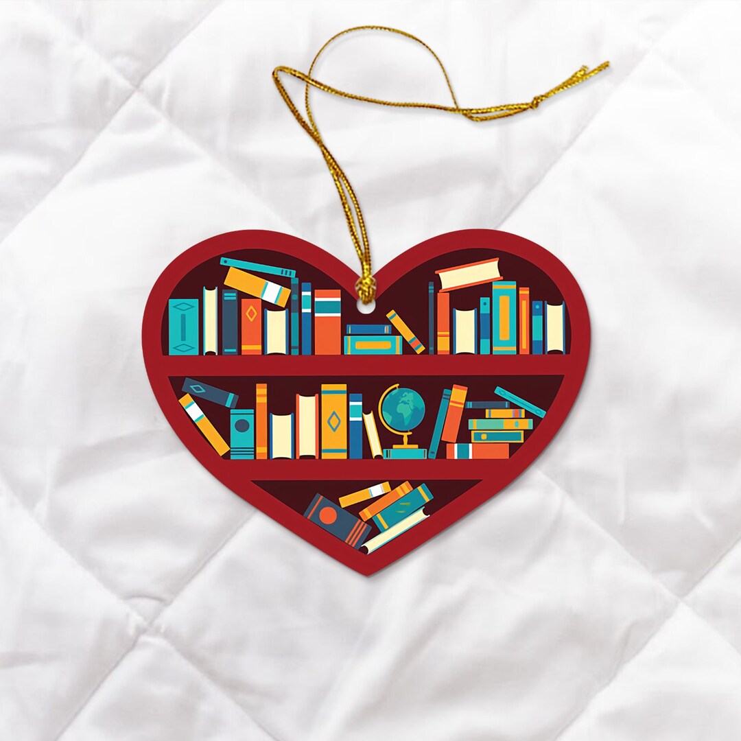Heart Bookshelf Ornament Acrylic, Christmas Book Ornament, Book Lover ...