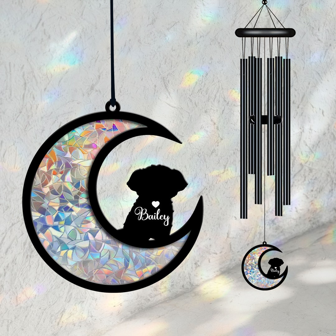 Custom Maltese Dog on Moon Suncatcher Black Wind Chime, Dog Memorial ...