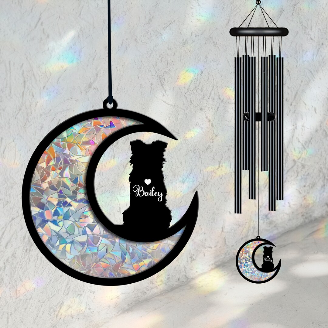 Custom Border Collie on Moon Suncatcher Black Wind Chime, Dog Memorial ...