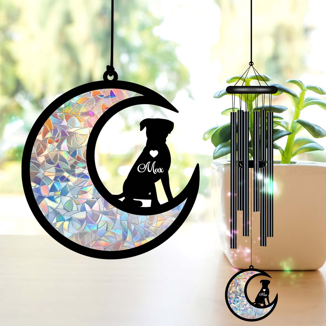 Custom Boxer Dog on Moon Suncatcher Black Wind Chime, Dog Memorial Wind ...