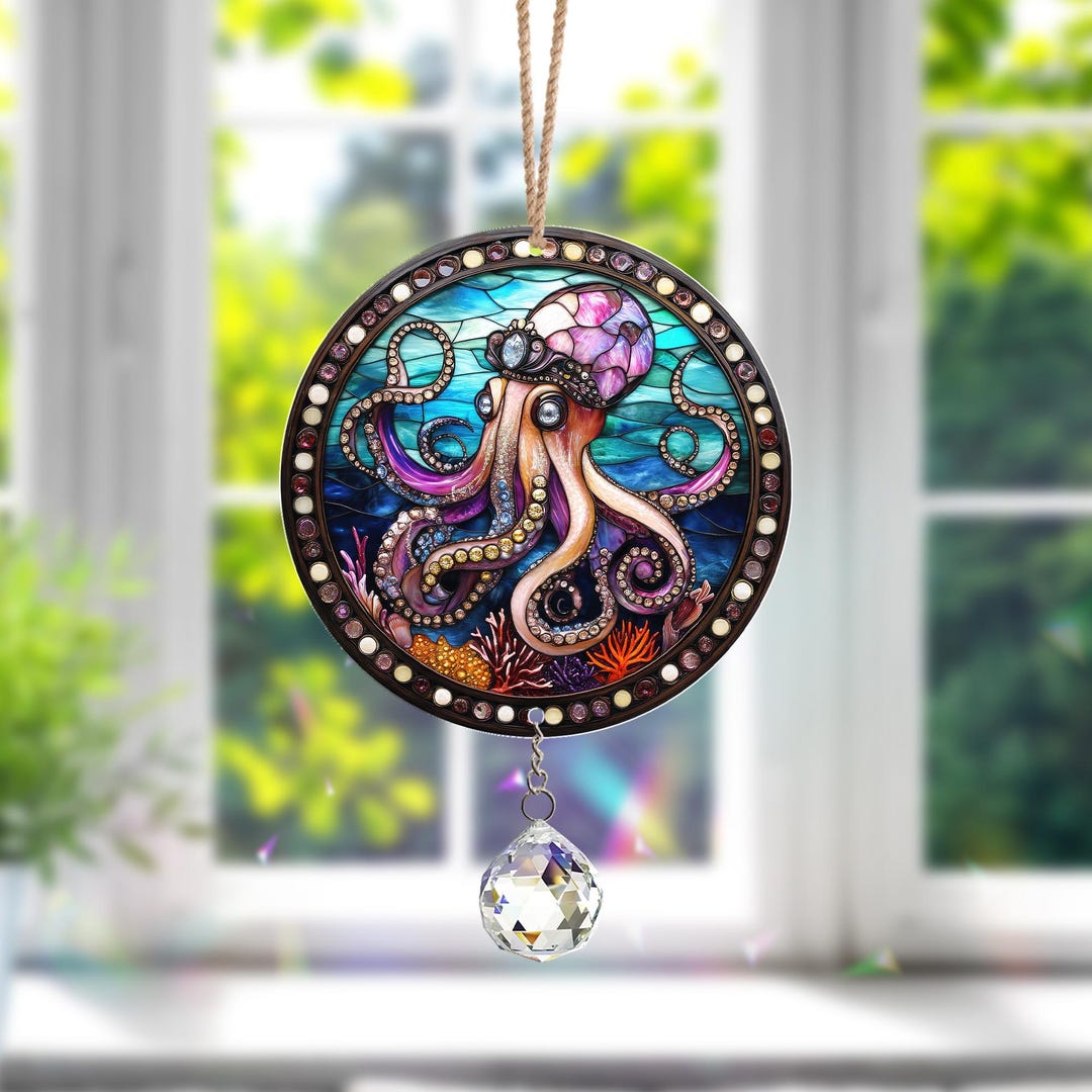Octopus Suncatcher Crystal Prism, Ocean-themed Window Hanging Decor ...