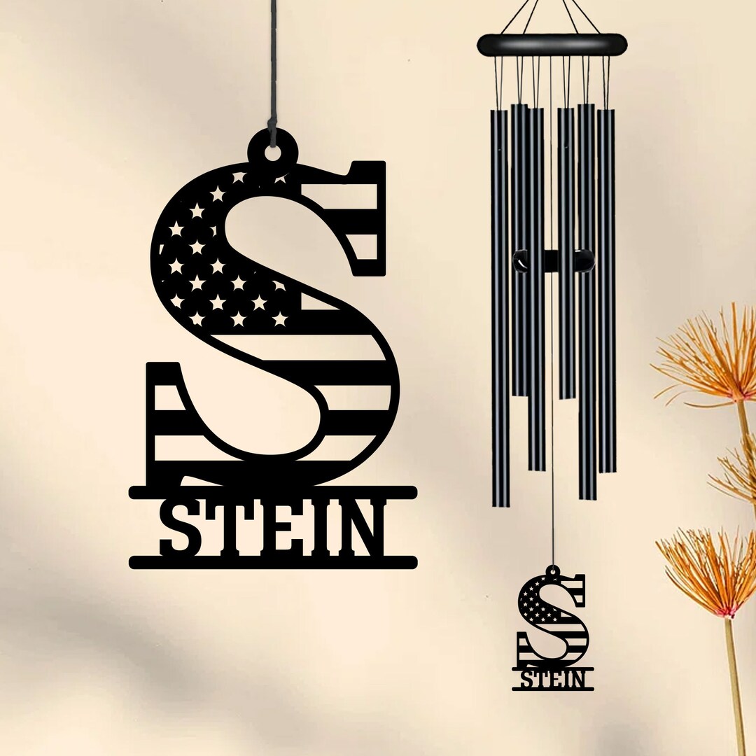 Custom Initial Name Black Wind Chime, Name With American Flag Metal ...