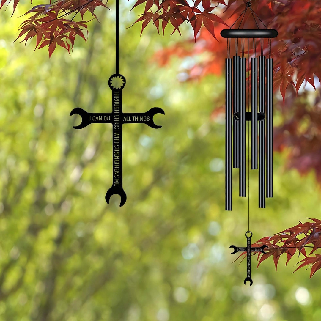 Wrench Cross Black Wind Chime, I Can Do All Things Through Christ Who ...