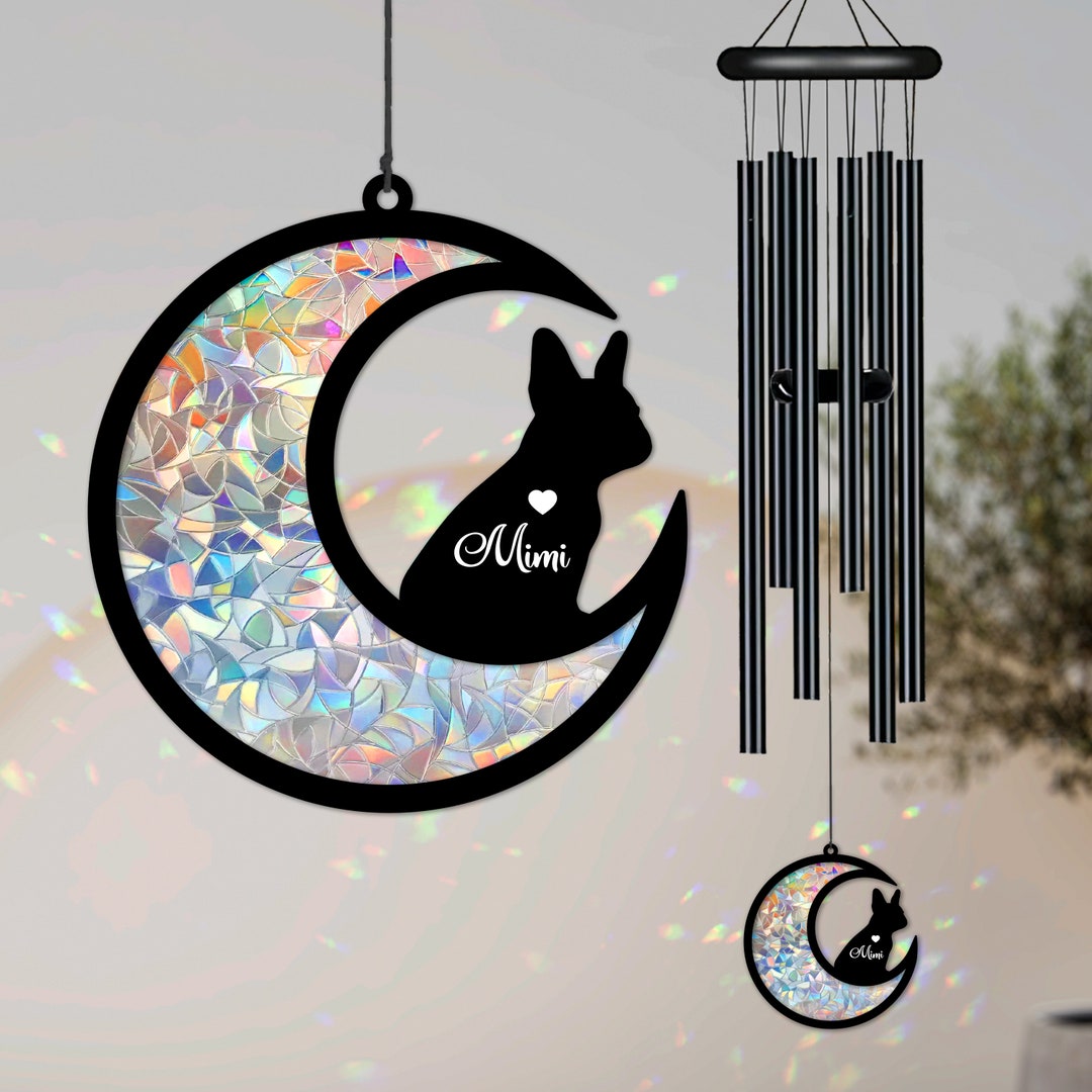 Custom French Bulldog on Moon Suncatcher Black Wind Chime, Dog Memorial ...