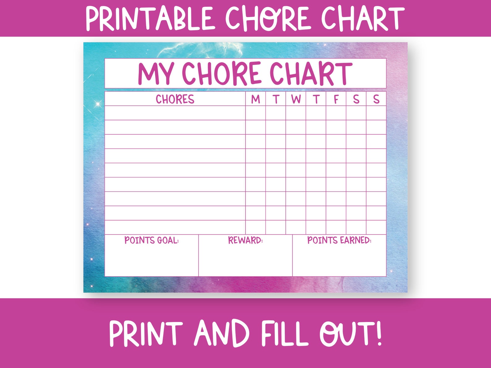 Galaxy Chore Reward Chart Printable Pink and Blue Printable - Etsy